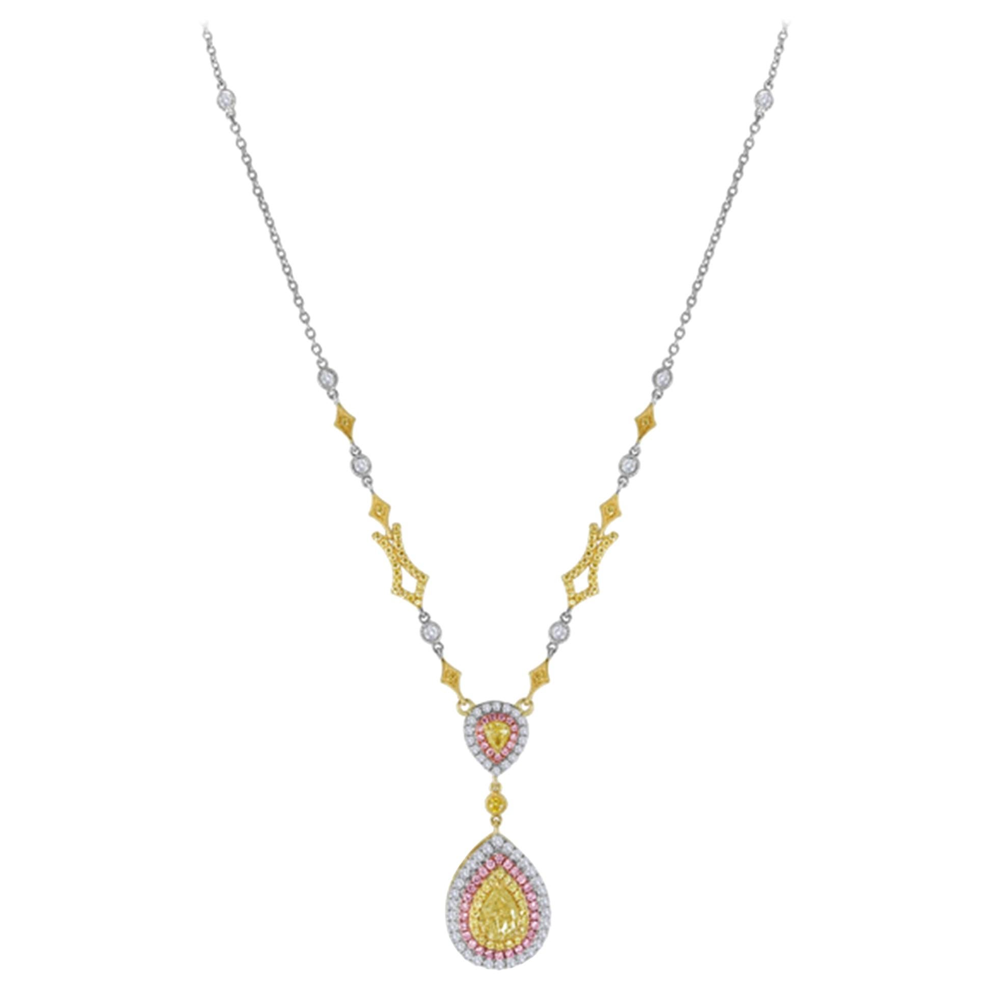 Natural Yellow Pink White Diamond Triple Halo Three Color Gold Drop ...