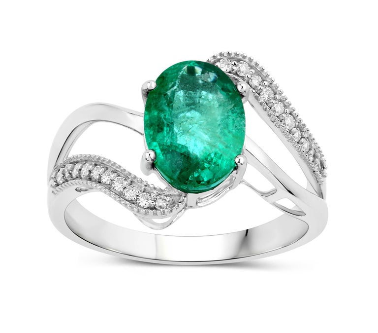 Natural Zambian Emerald and Diamond Bypass Ring Set in 14k White Gold ...