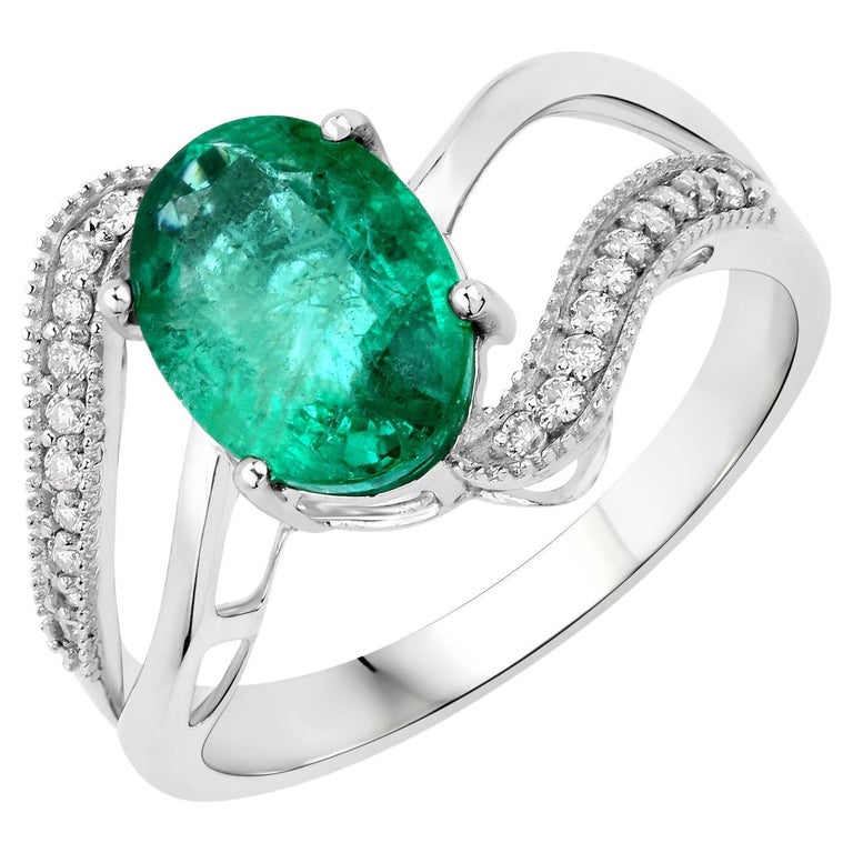 Natural Zambian Emerald and Diamond Bypass Ring Set in 14k White Gold ...