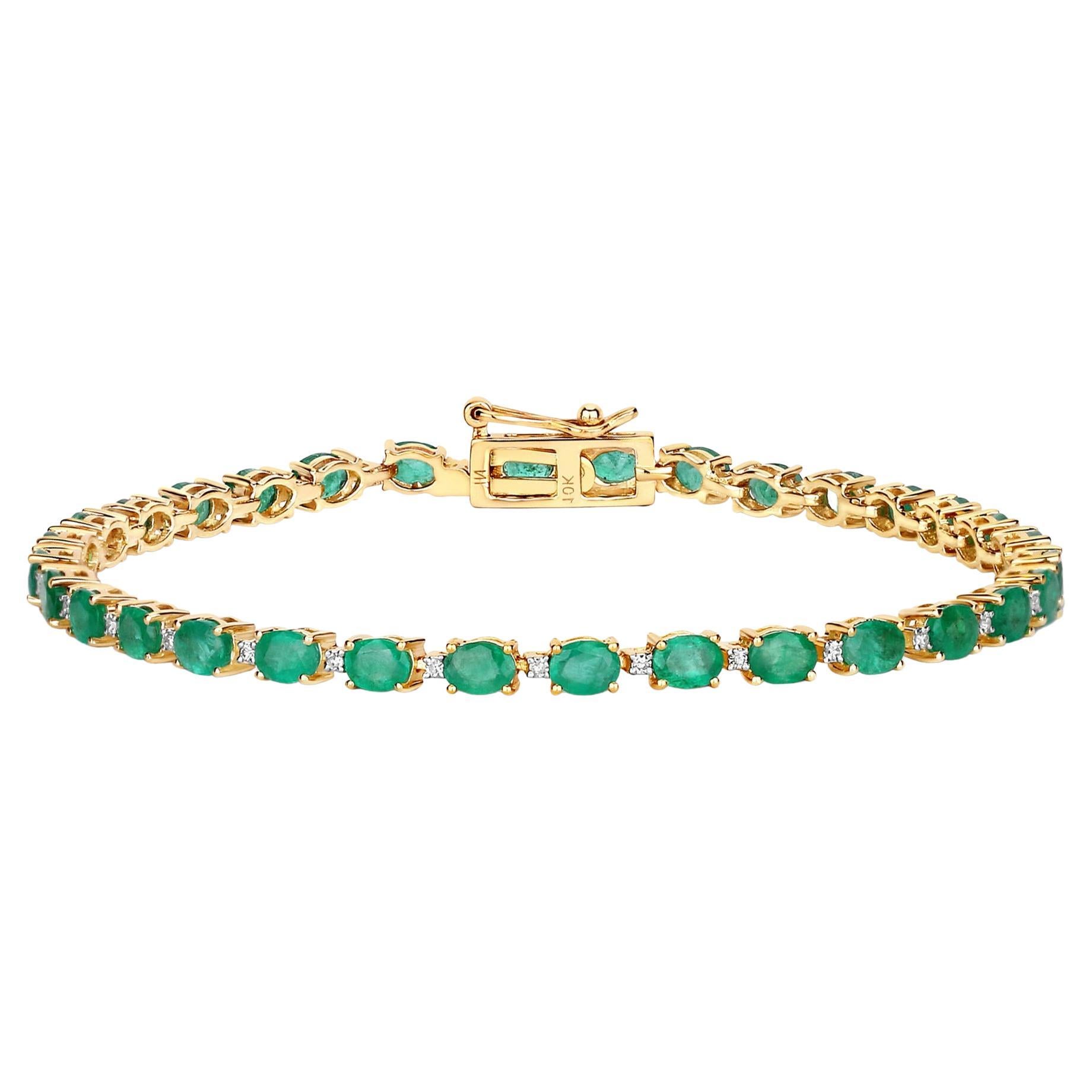 Natural Zambian Emerald and Diamond Tennis Bracelet 5 Carats 10K Yellow ...