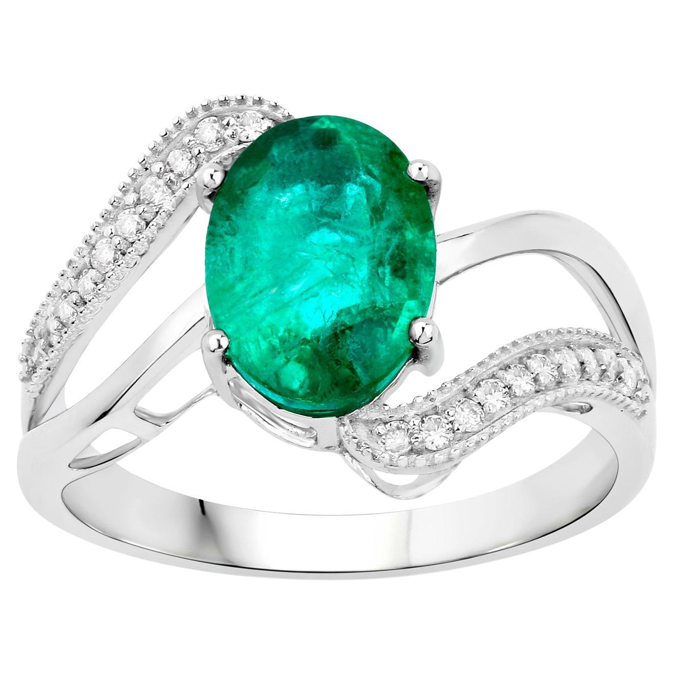 Natural Zambian Emerald Bypass Ring Diamond Setting 2 Carats 14K White ...