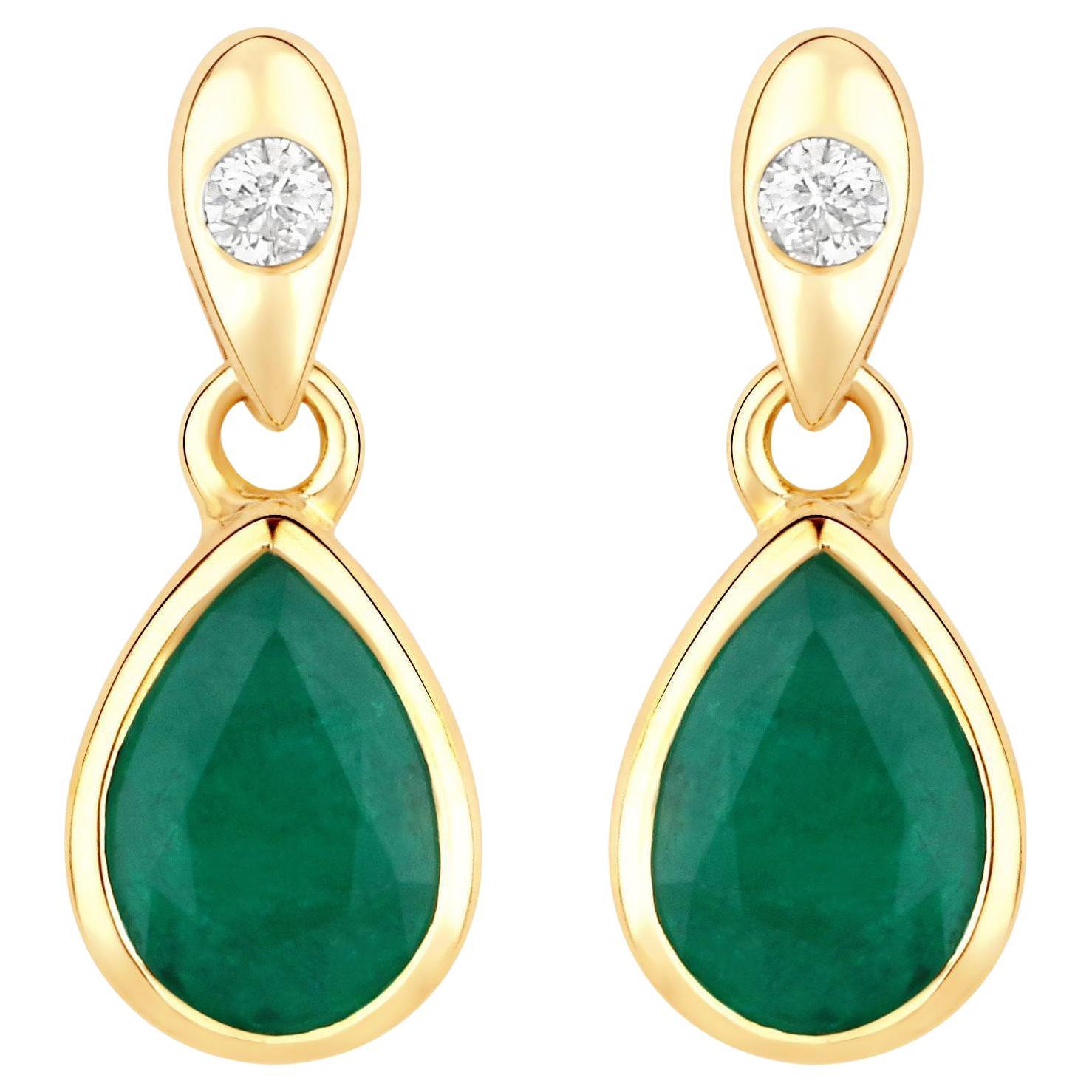 Natural Zambian Emerald and Diamond Halo Dangle Earrings 14K Yellow ...