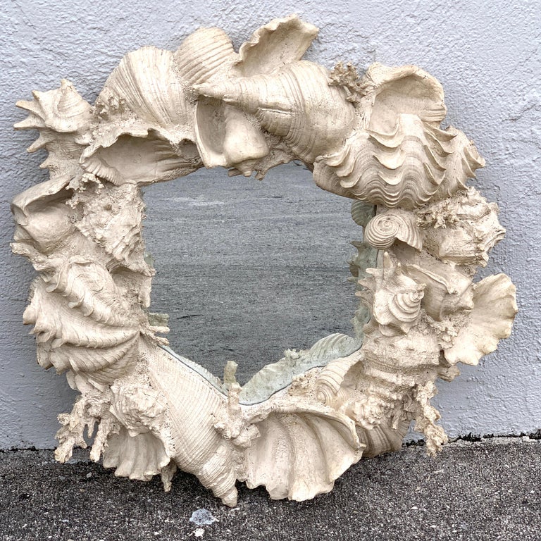 Naturalistic Coral and Shell Motif Porthole Mirror For Sale at 1stDibs