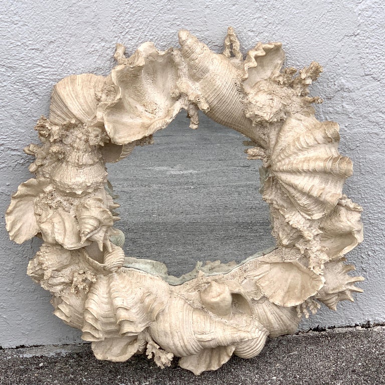 Naturalistic Coral and Shell Motif Porthole Mirror For Sale at 1stDibs