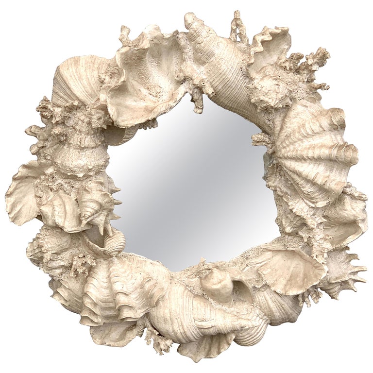 Naturalistic Coral and Shell Motif Porthole Mirror For Sale at 1stDibs