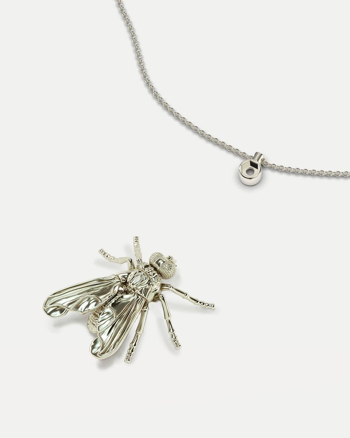 Flexible Chain necklace with Big Fly pendant, 18K white gold with steel ...