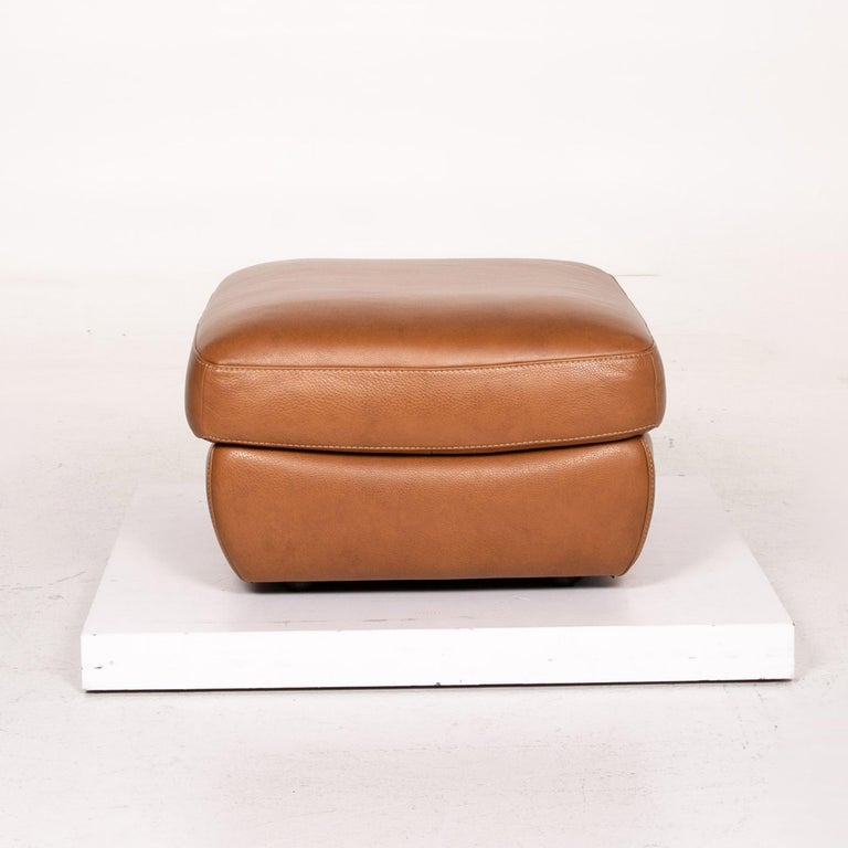 Natuzzi Editions Leather Stool Cognac Brown Ottoman For Sale at 1stDibs