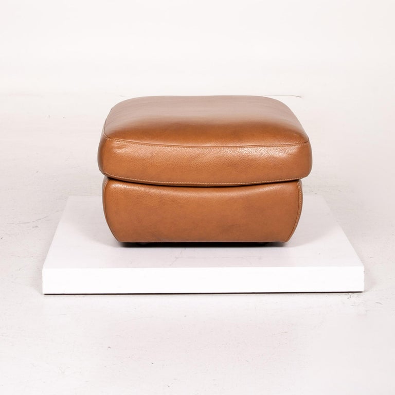 Natuzzi Editions Leather Stool Cognac Brown Ottoman For Sale at 1stDibs