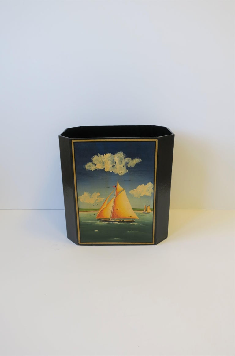 Nautical Black and Gold Wastebasket or Trash Can For Sale at 1stDibs