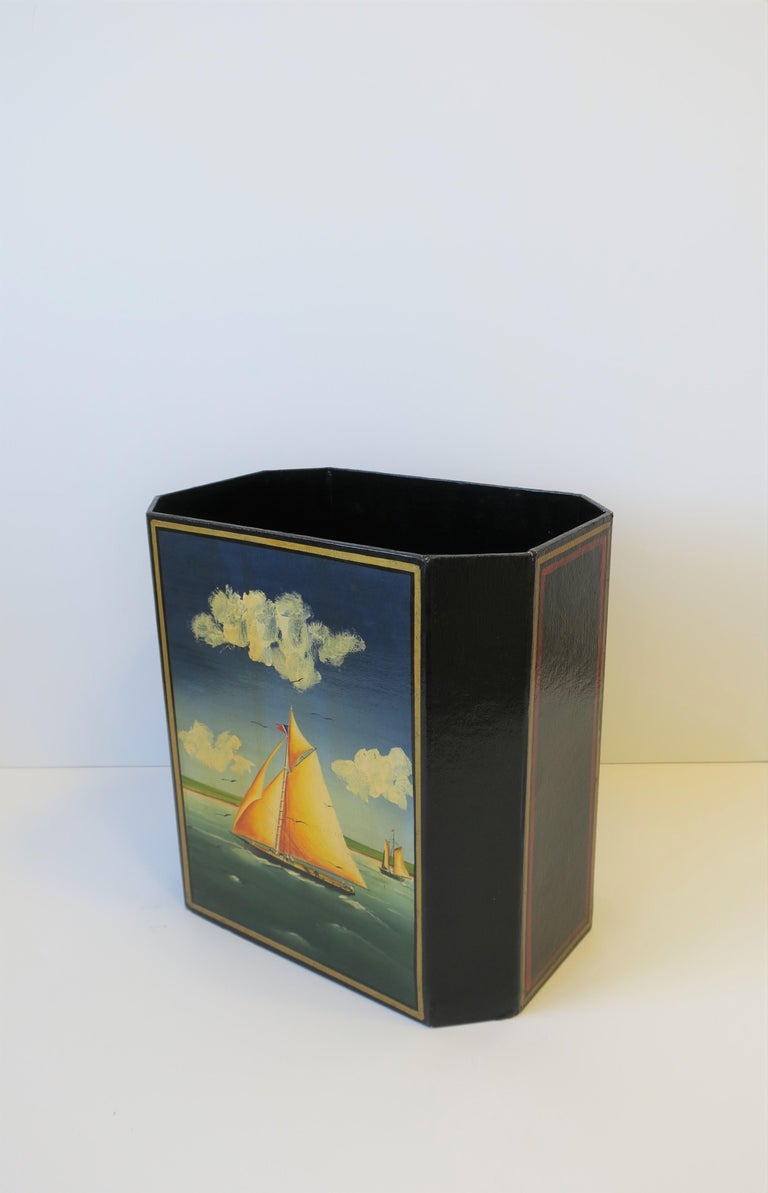 Nautical Black and Gold Wastebasket or Trash Can For Sale at 1stDibs