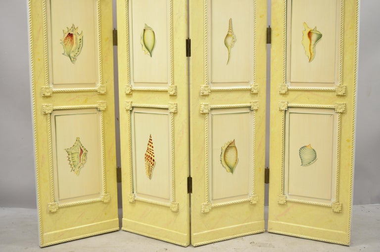 Nautical Four Panel Yellow Folding Screen Room Divider with Painted ...