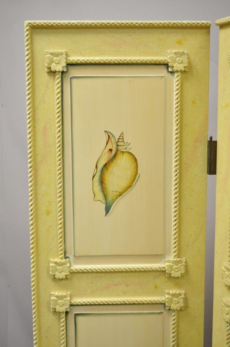 Nautical Four Panel Yellow Folding Screen Room Divider with Painted ...