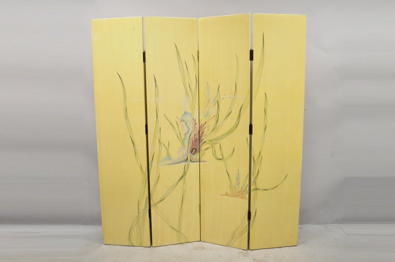Nautical Four Panel Yellow Folding Screen Room Divider with Painted ...