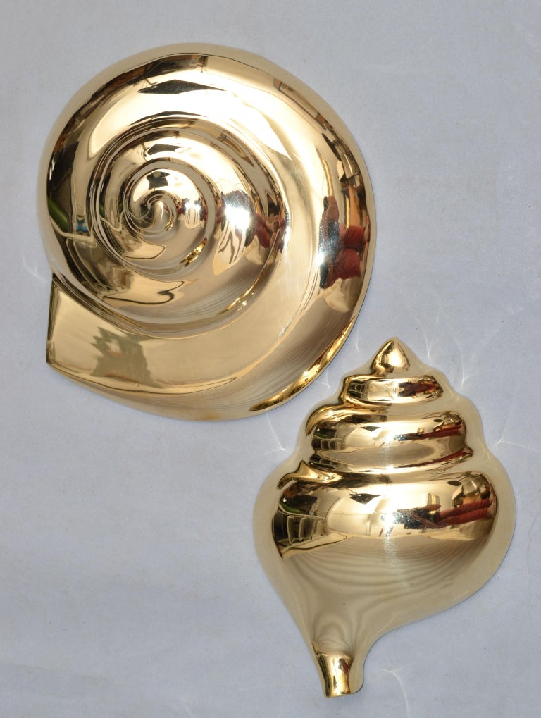 Nautical Polished Brass 2 Piece Seashell Sculptures Wall Art Mid ...