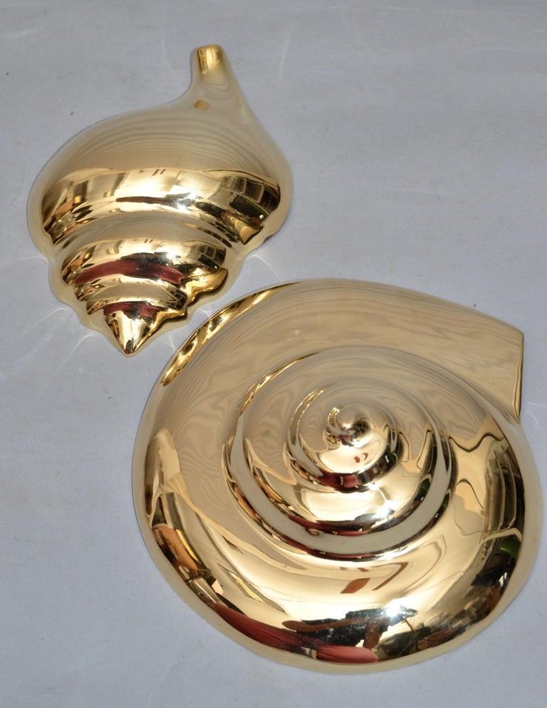 Nautical Polished Brass 2 Piece Seashell Sculptures Wall Art Mid ...