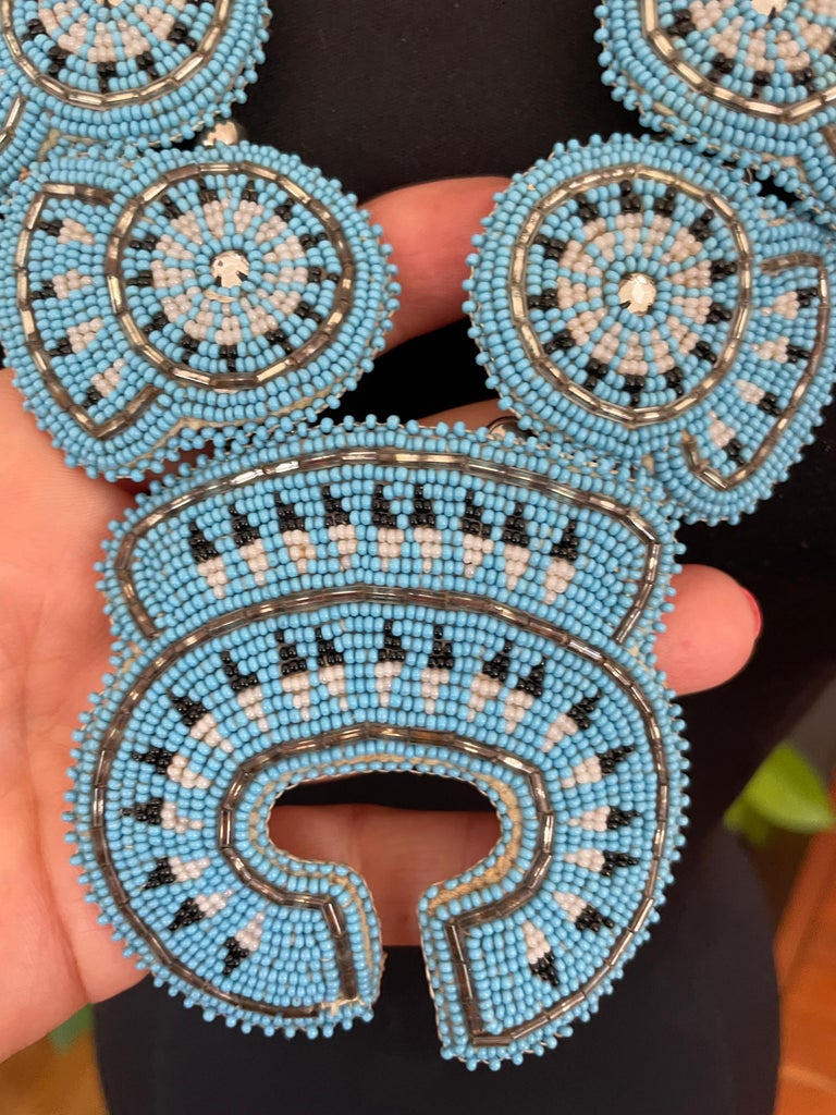 Navajo Beaded Turquoise Necklace Leather Sterling Silver Squash Blossom ...