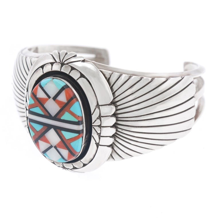 Navajo Inlaid Sterling Cuff Bracelet by Abraham Begay at 1stDibs