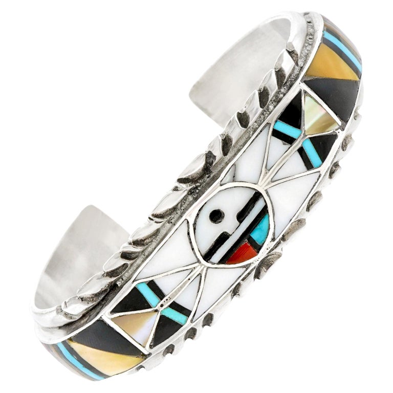 Navajo Inlaid Sun Face Multi-Stone Cuff Bracelet Zuni at 1stDibs