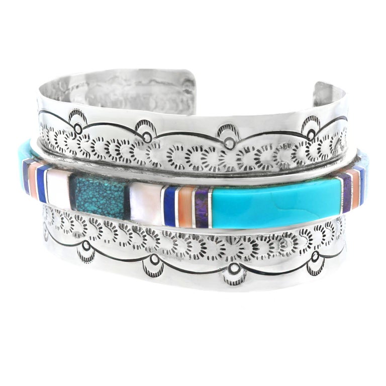 Navajo Stone-Set Sterling Cuff Bracelet For Sale at 1stDibs