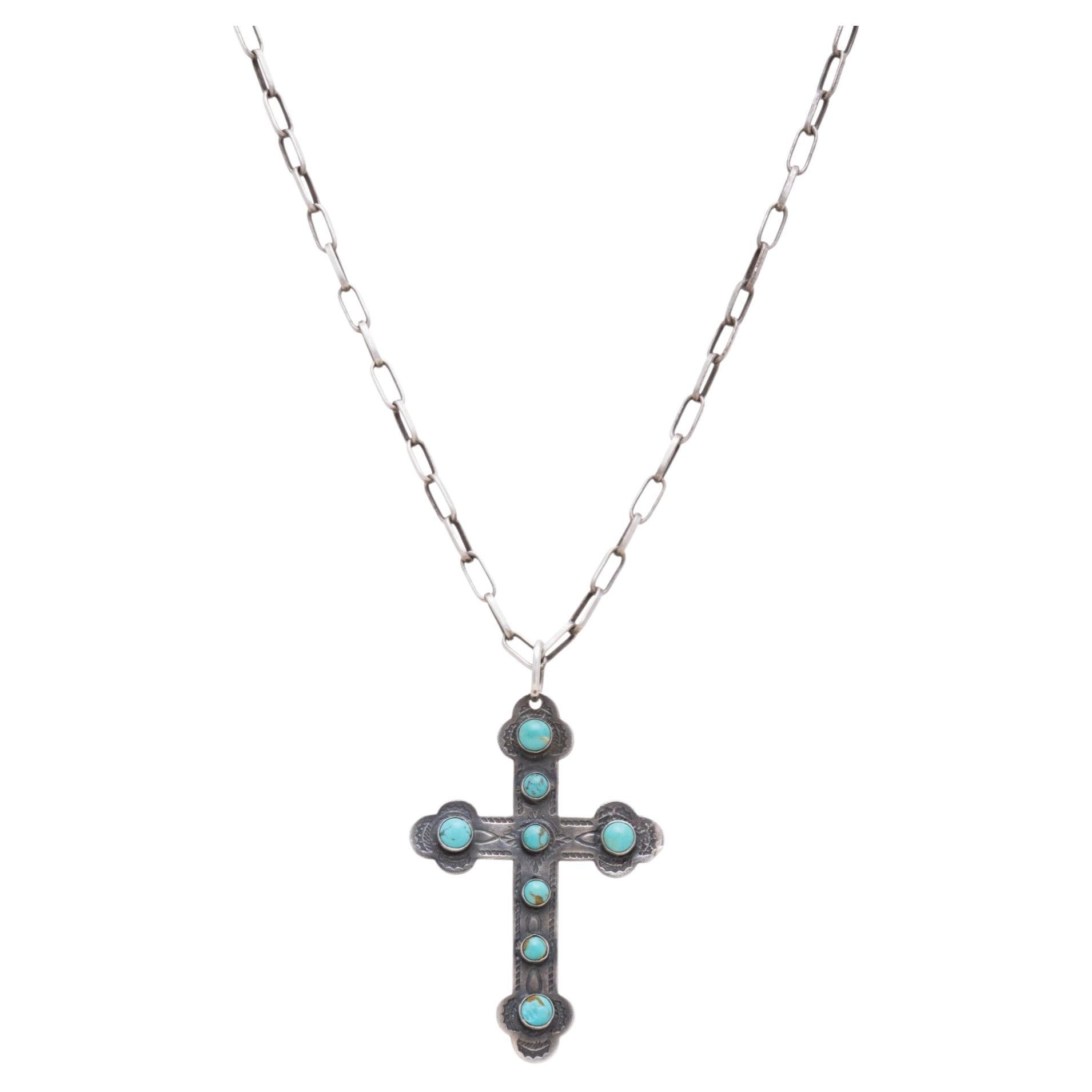 Navajo Turquoise and Sterling Silver Cross Pendant Necklace For Sale at ...