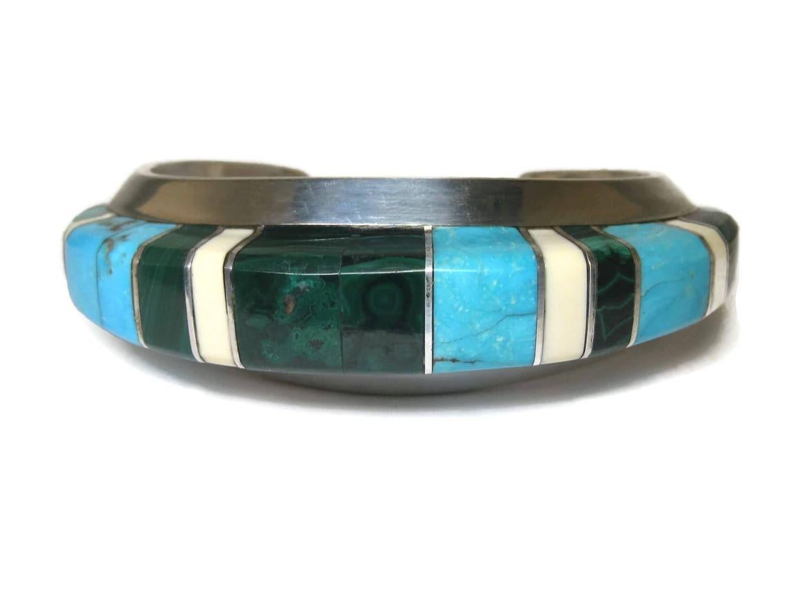 Navajo Turquoise Malachite Inlay Cuff Bracelet Elsie Yazzie For Sale at ...