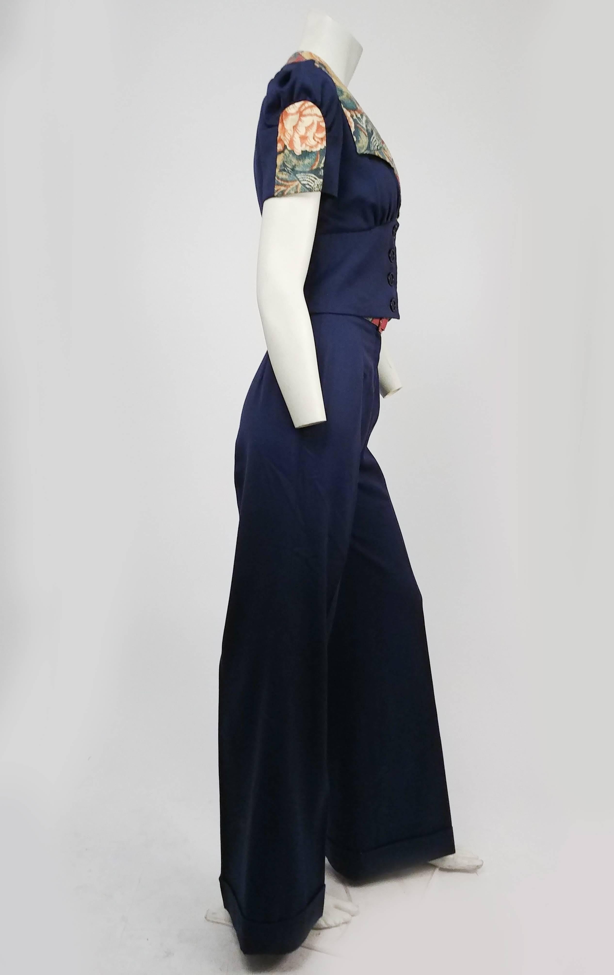 Navy and Floral Flared Pant and Wide Collar Blouse Set, 1970s at 1stDibs