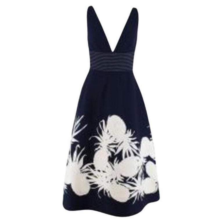 Navy A-Line Wool and Silk Dress with Cream Pineapple Print For Sale at ...