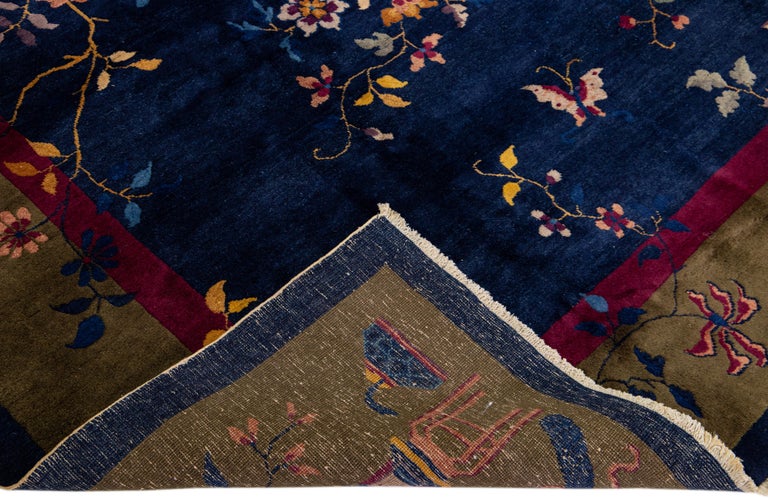 Navy-Blue Antique Art Deco Chinese Handmade Wool Rug with Floral Design ...