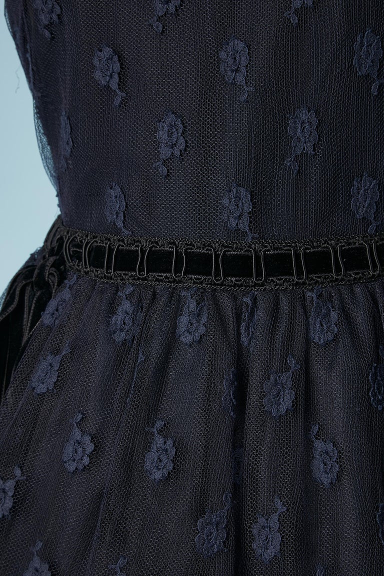 Navy blue cocktail dress in lace with black ribbons and ruffles ...