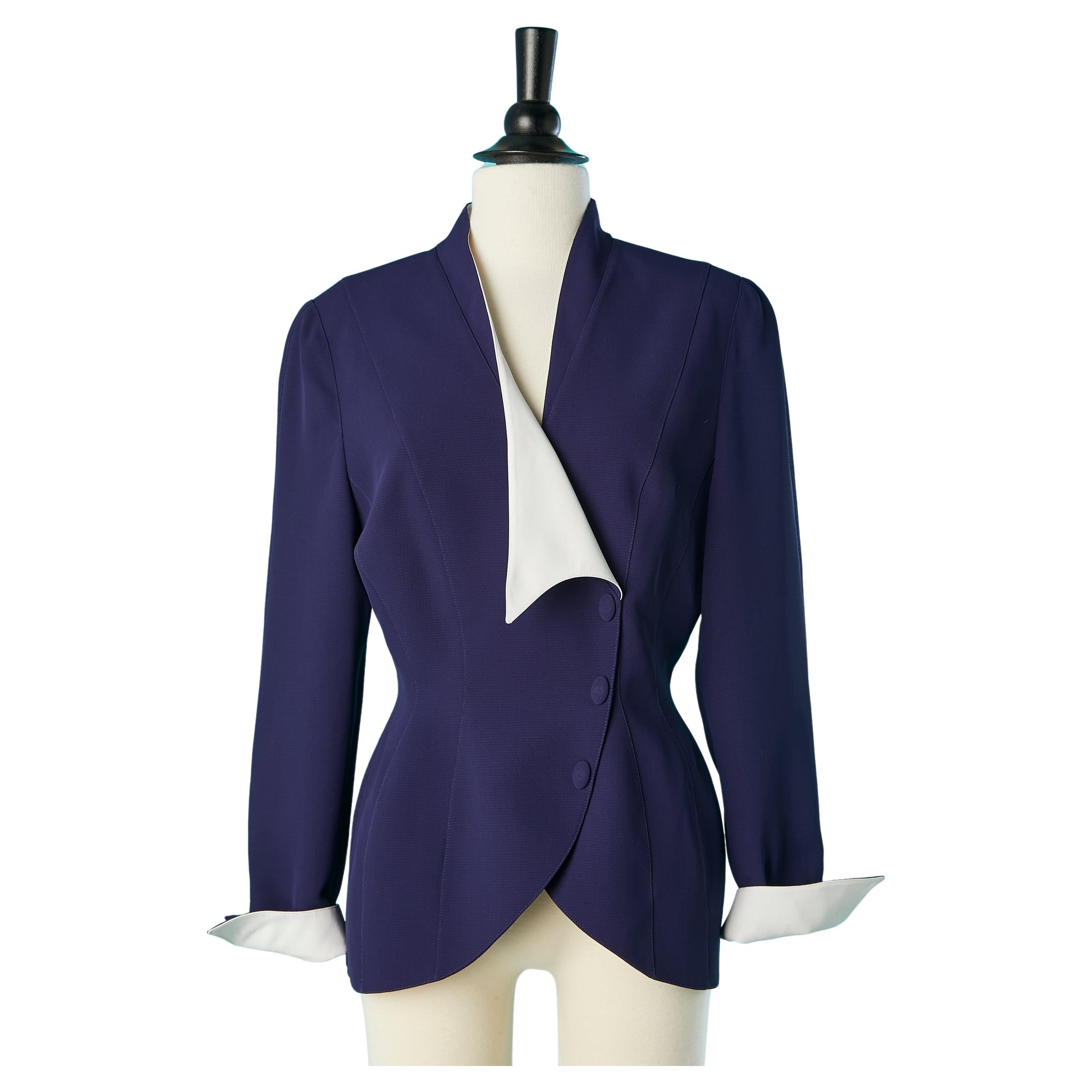 Navy blue double-breasted jacket with white collar and cuffs Thierry ...