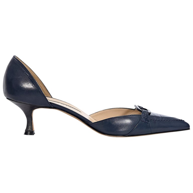Navy Blue Manolo Blahnik Leather Kitten Heels At 1stdibs