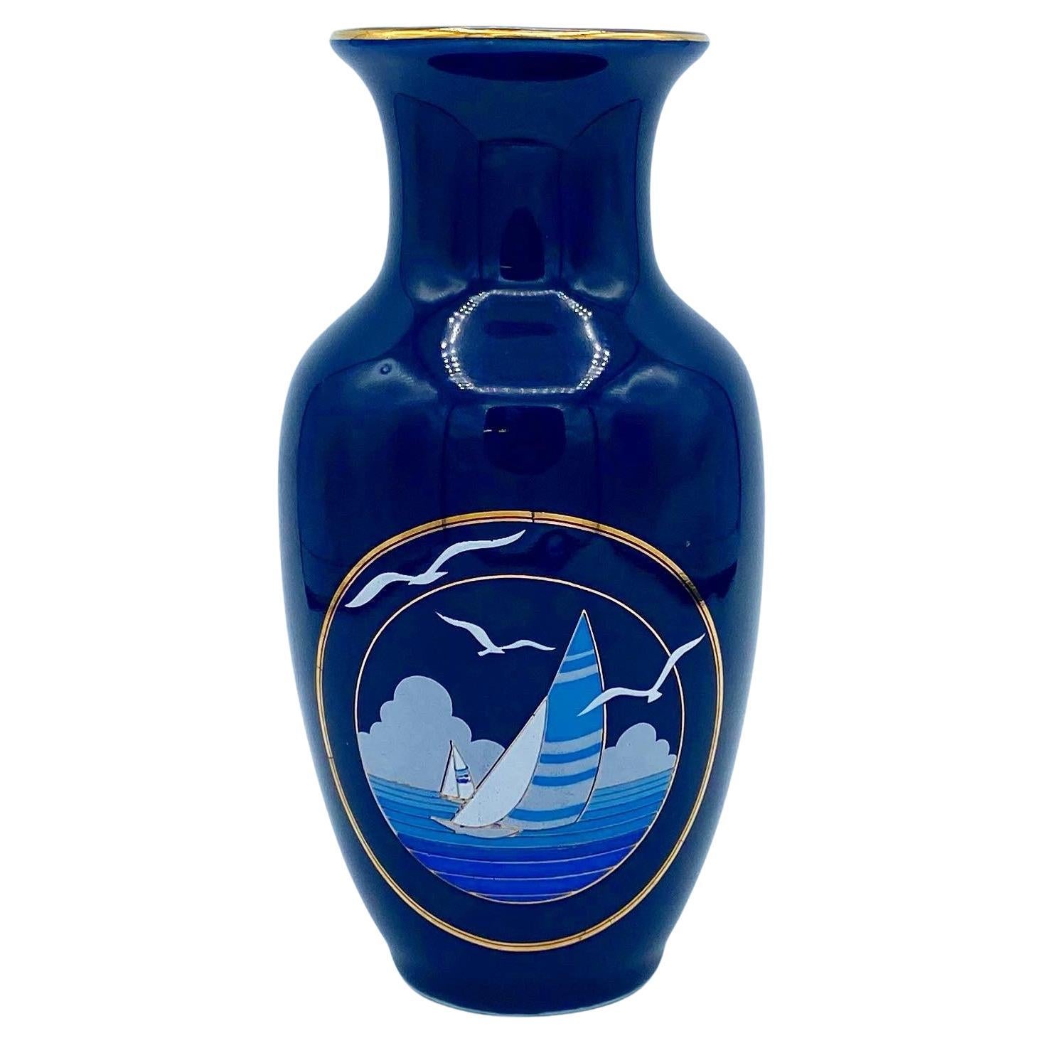 Navy Blue Mini Vase with Flared Gold Rim By Jordan’s For Sale at 1stDibs