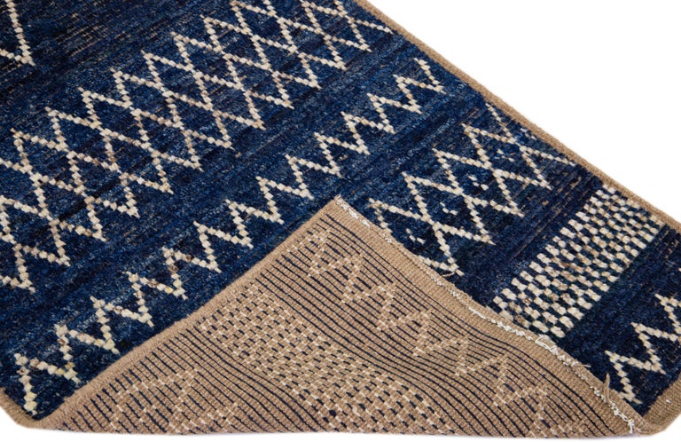 Navy Blue Modern Moroccan Style Handmade Wool Runner with Tribal Design ...