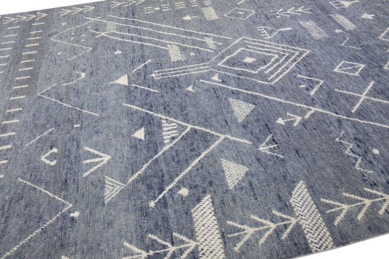 Navy Blue Moroccan Berber Style Handmade Art Deco Wool Rug For Sale at ...