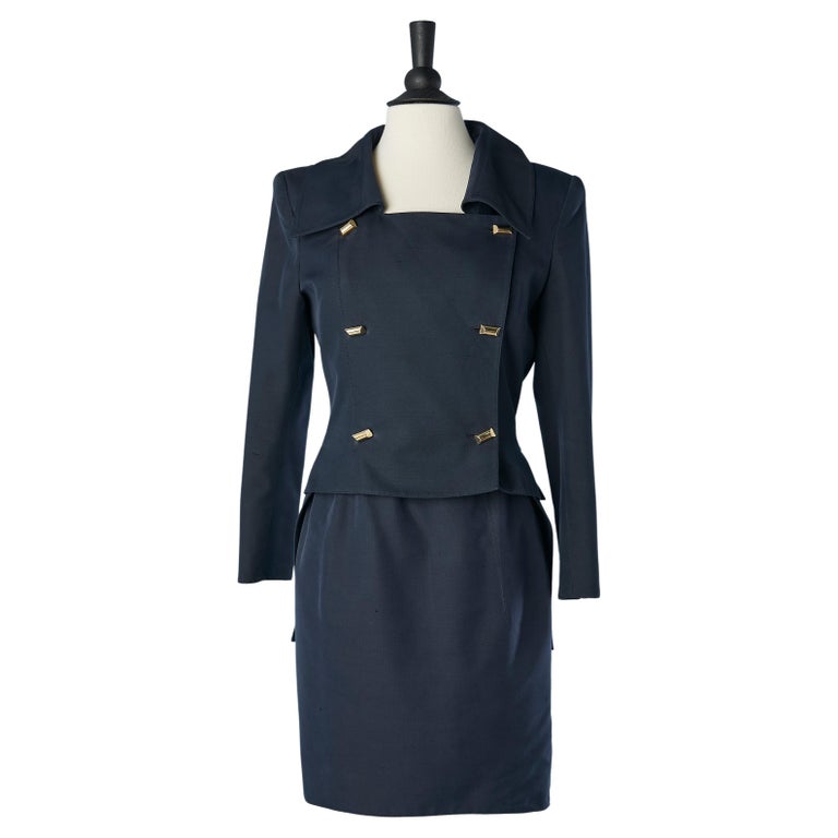 Navy-blue raw silk and cotton cocktail ensemble with gold metal buttons ...