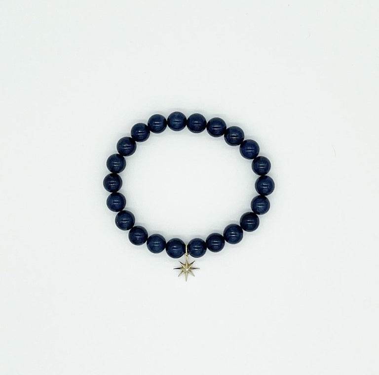 Navy Blue Sapphire 8mm Round Beaded Stretch Bracelet with Sterling Star ...