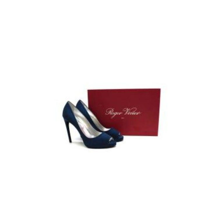 Navy satin peep toe heeled pumps For Sale at 1stDibs