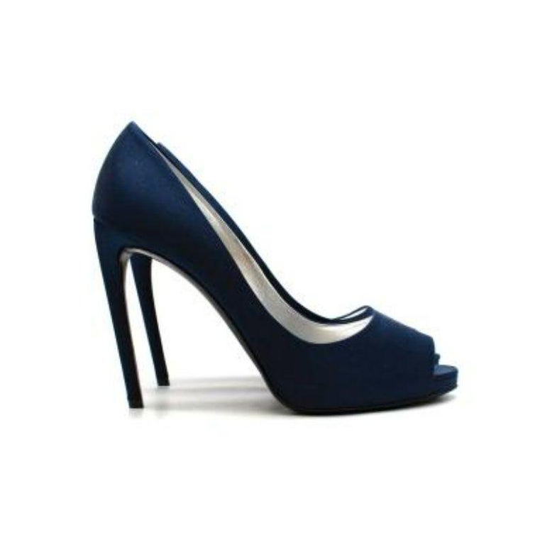 Navy satin peep toe heeled pumps For Sale at 1stDibs