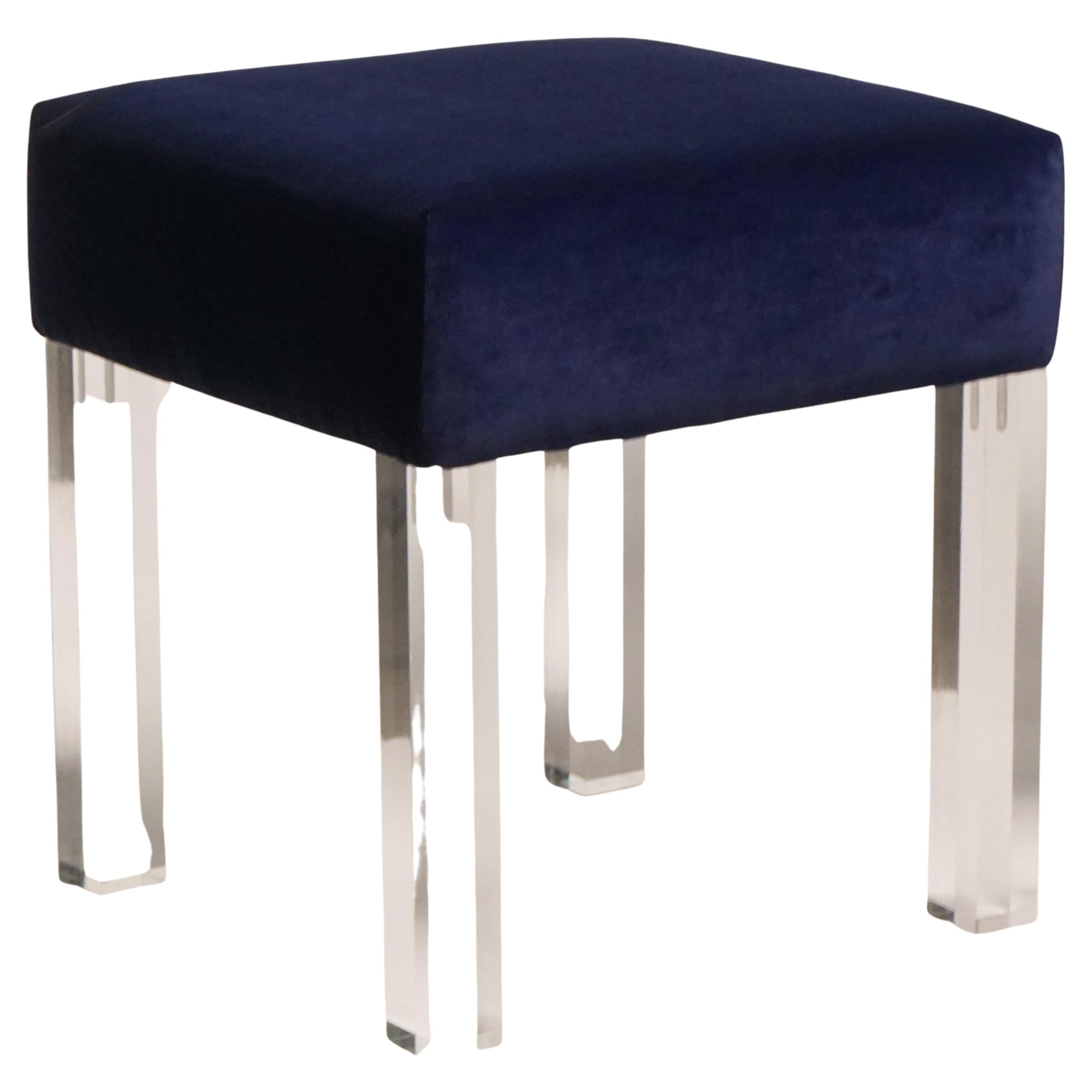 Navy Velvet Low Stool with Lucite Legs at 1stDibs