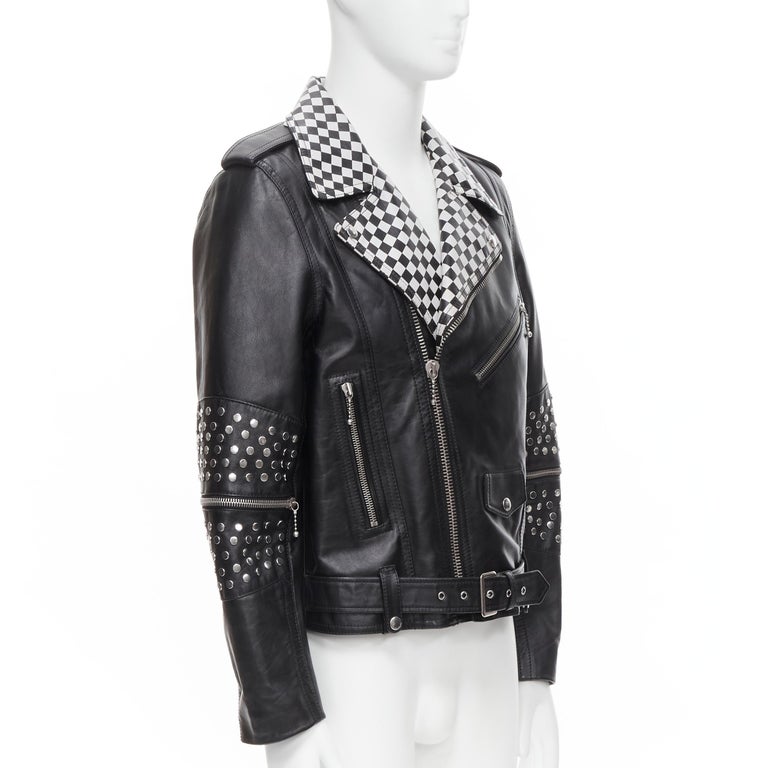 ne CELINE Hedi Slimane 2019 Runway black checkered collar studded biker ...