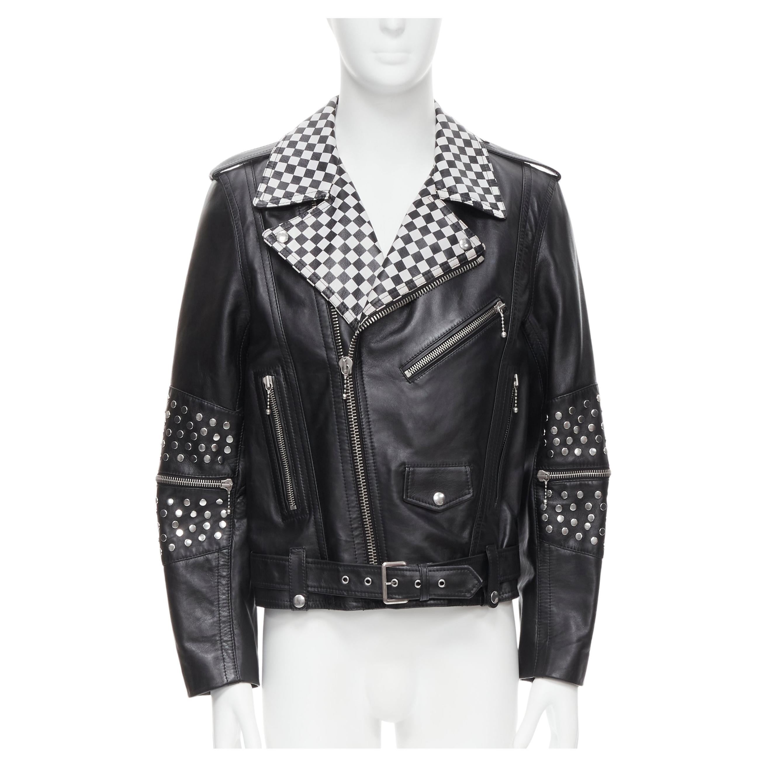 ne CELINE Hedi Slimane 2019 Runway black checkered collar studded biker ...