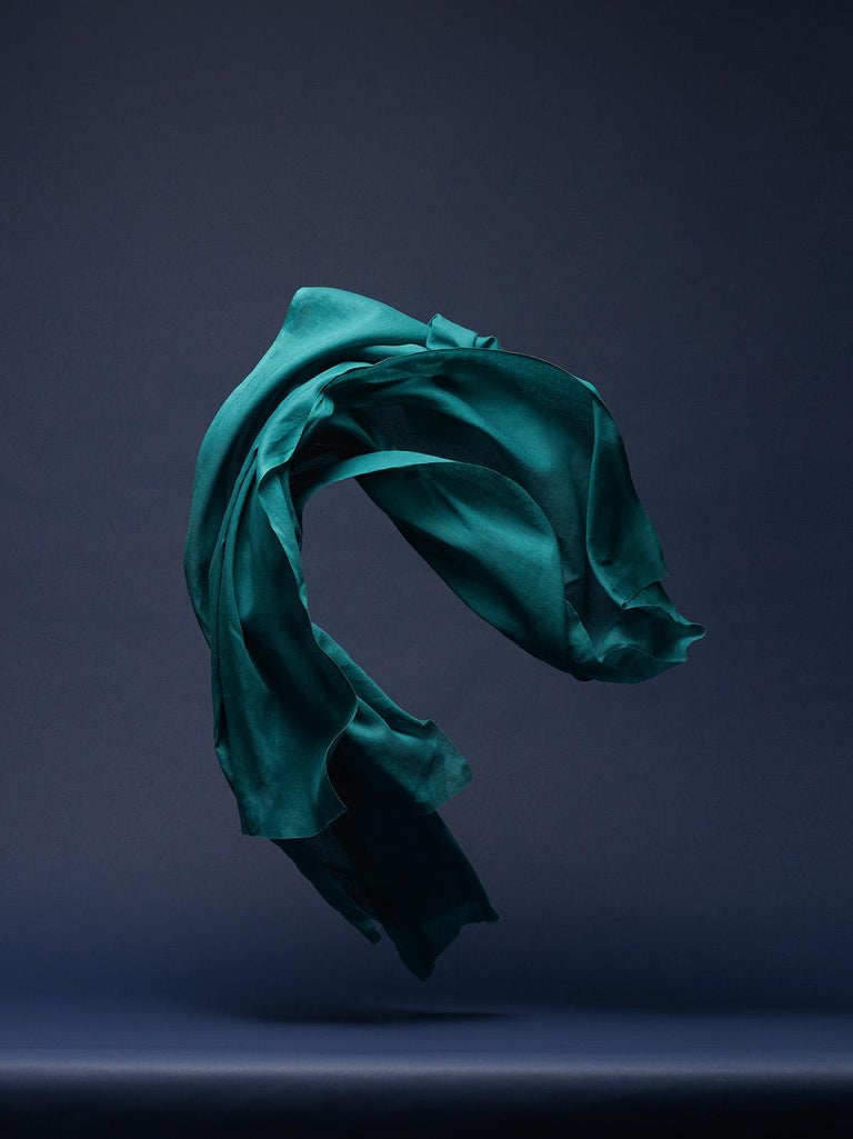 Neal Grundy - Dancing Fabric, Dark Green on Dark Blue For Sale at 1stDibs