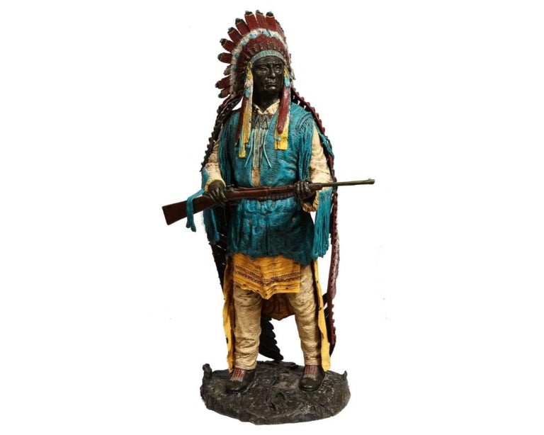 Near Life-Size Polychrome Bronze of a Native American Indian Chief ...
