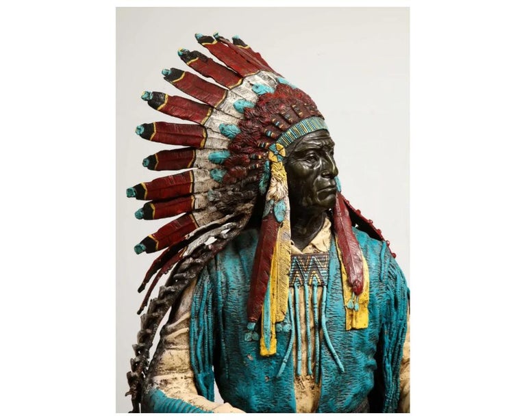 Near Life-Size Polychrome Bronze of a Native American Indian Chief ...