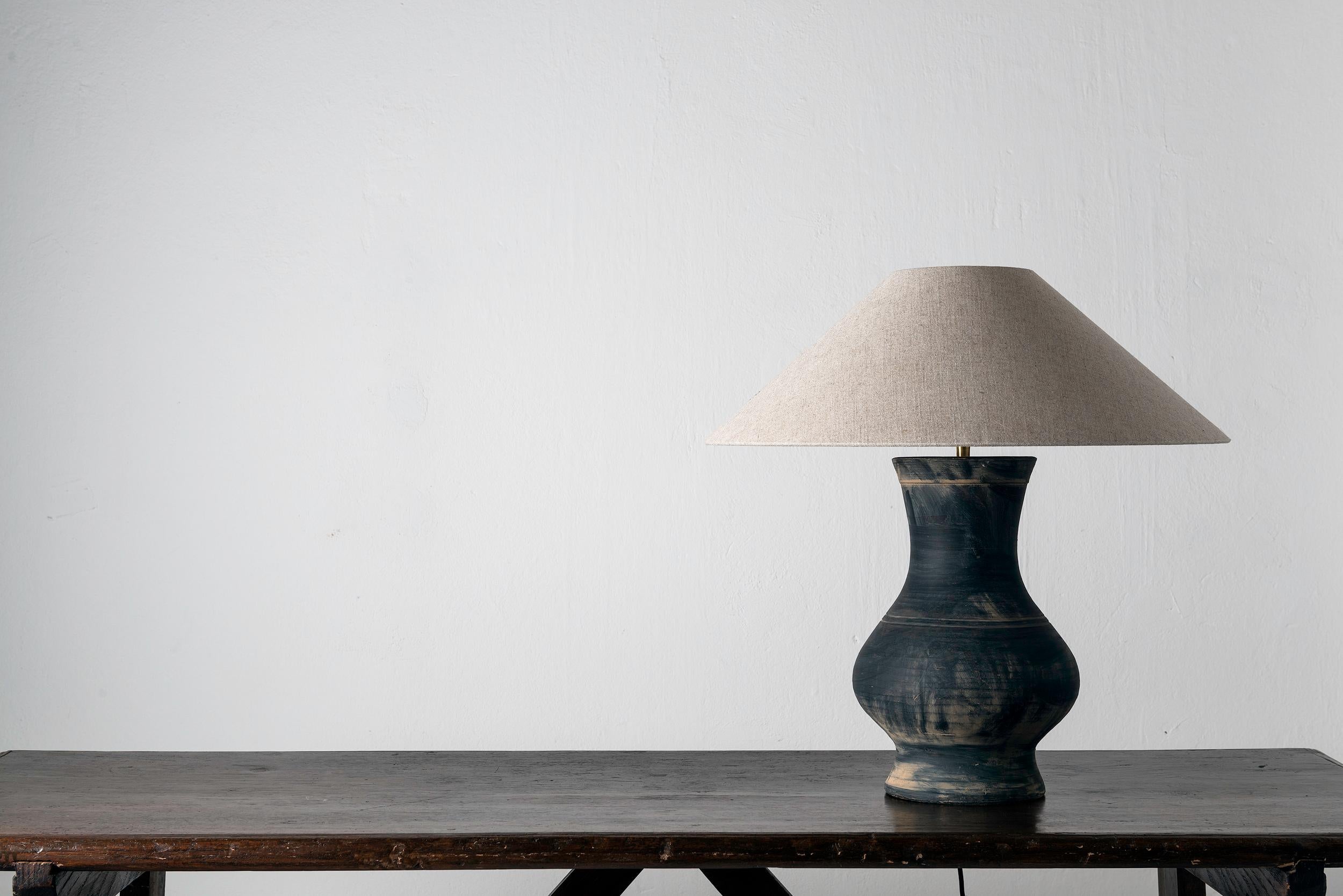 Near Pair of Chinese Han Lamps with Handmade Belgian Linen Shades at ...