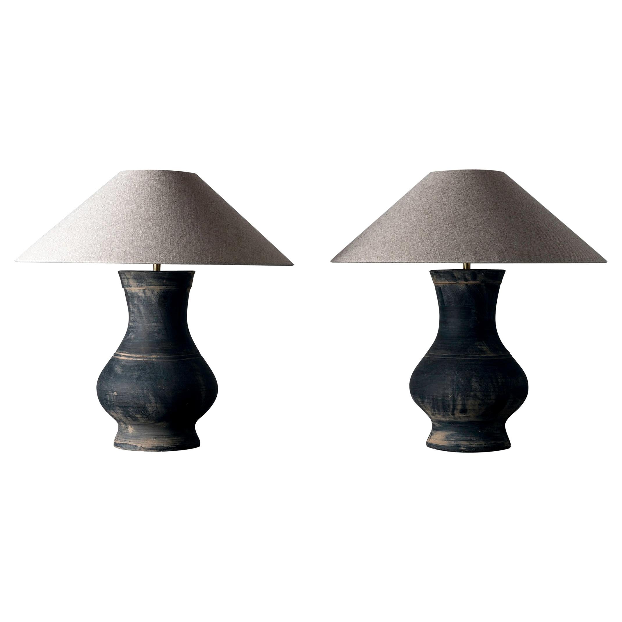 Near Pair of Chinese Han Lamps with Handmade Belgian Linen Shades at ...