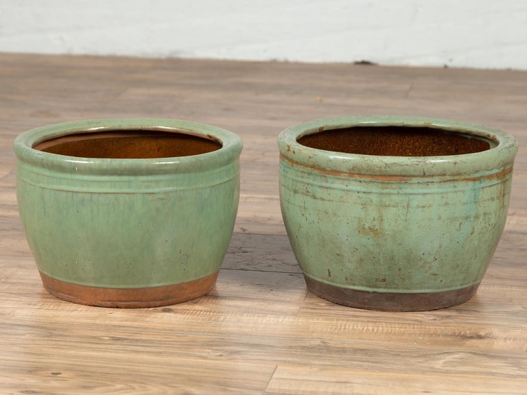 Near Pair of Large Vintage Chinese Green Glazed Ceramic Round Planters ...