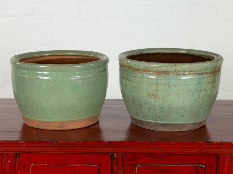 Near Pair of Large Vintage Chinese Green Glazed Ceramic Round Planters ...
