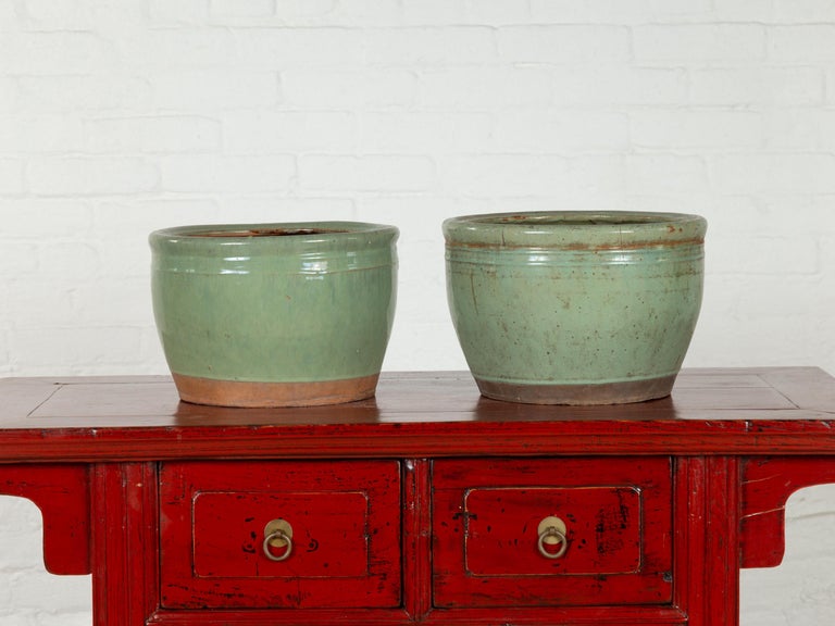 Near Pair of Large Vintage Chinese Green Glazed Ceramic Round Planters ...