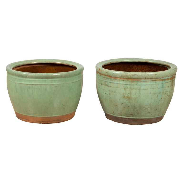 Near Pair of Large Vintage Chinese Green Glazed Ceramic Round Planters ...